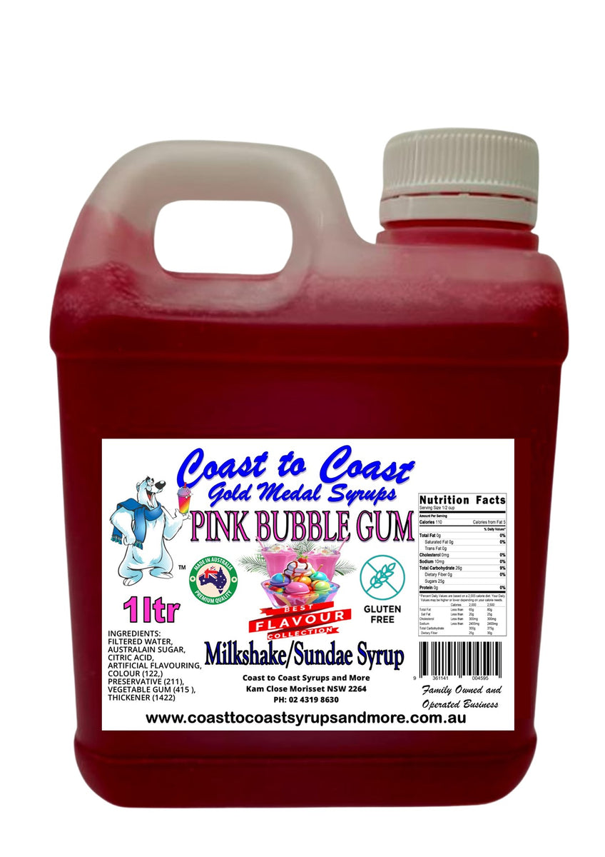Pink Bubble Gum, Milkshake/Sundae Syrup, 1ltr Coast to Coast Gold Meda – Allan's Party Supplies