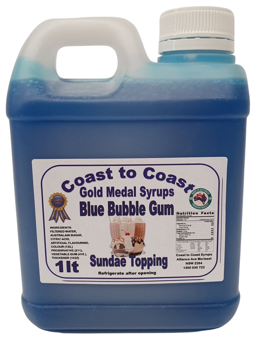 Blue Bubble Gum, Milkshake/Sundae Syrup, 1ltr Coast to Coast Gold Meda ...