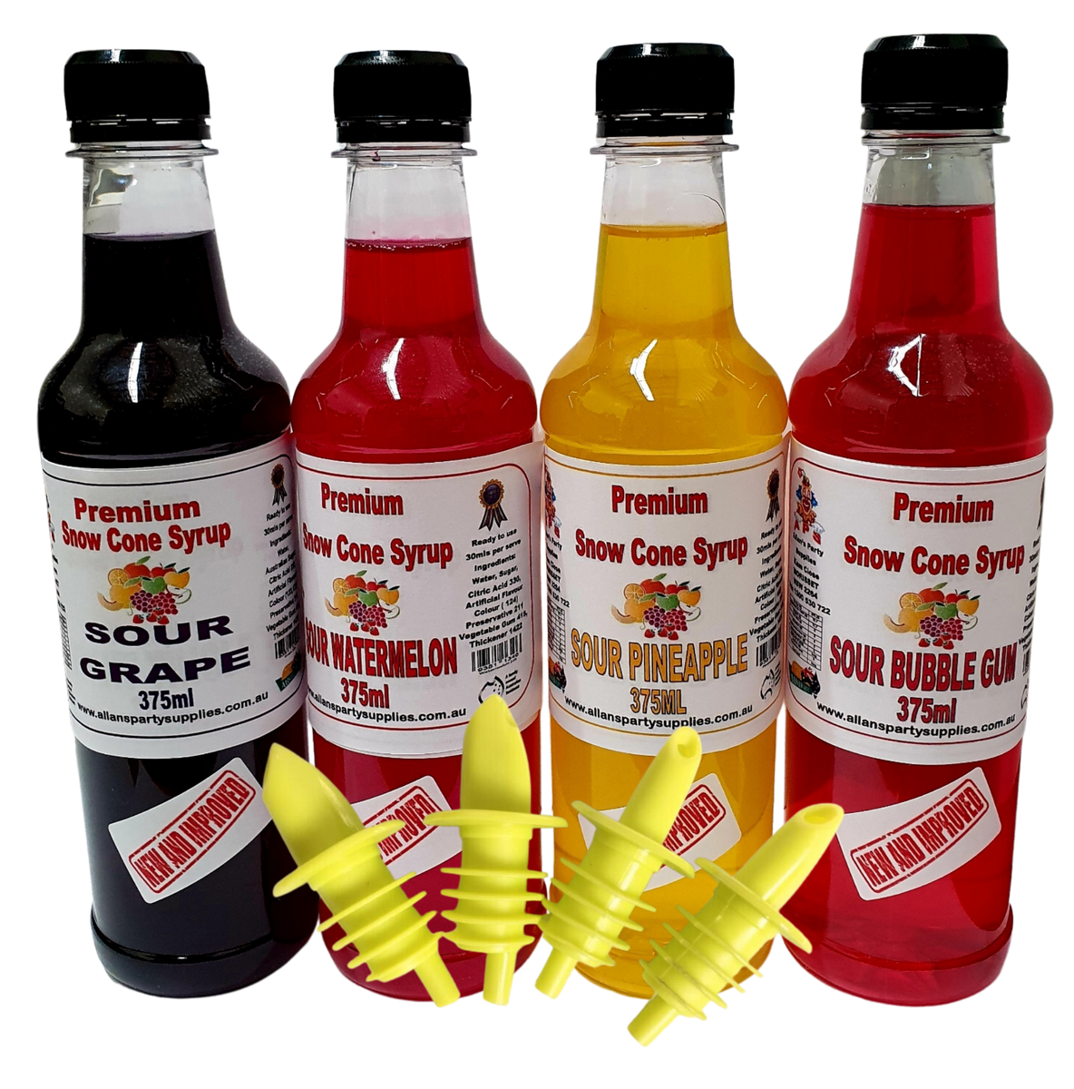 4 x 375ml New Sour Snow Cone Syrups with Bottle Pourers – Allan's Party ...