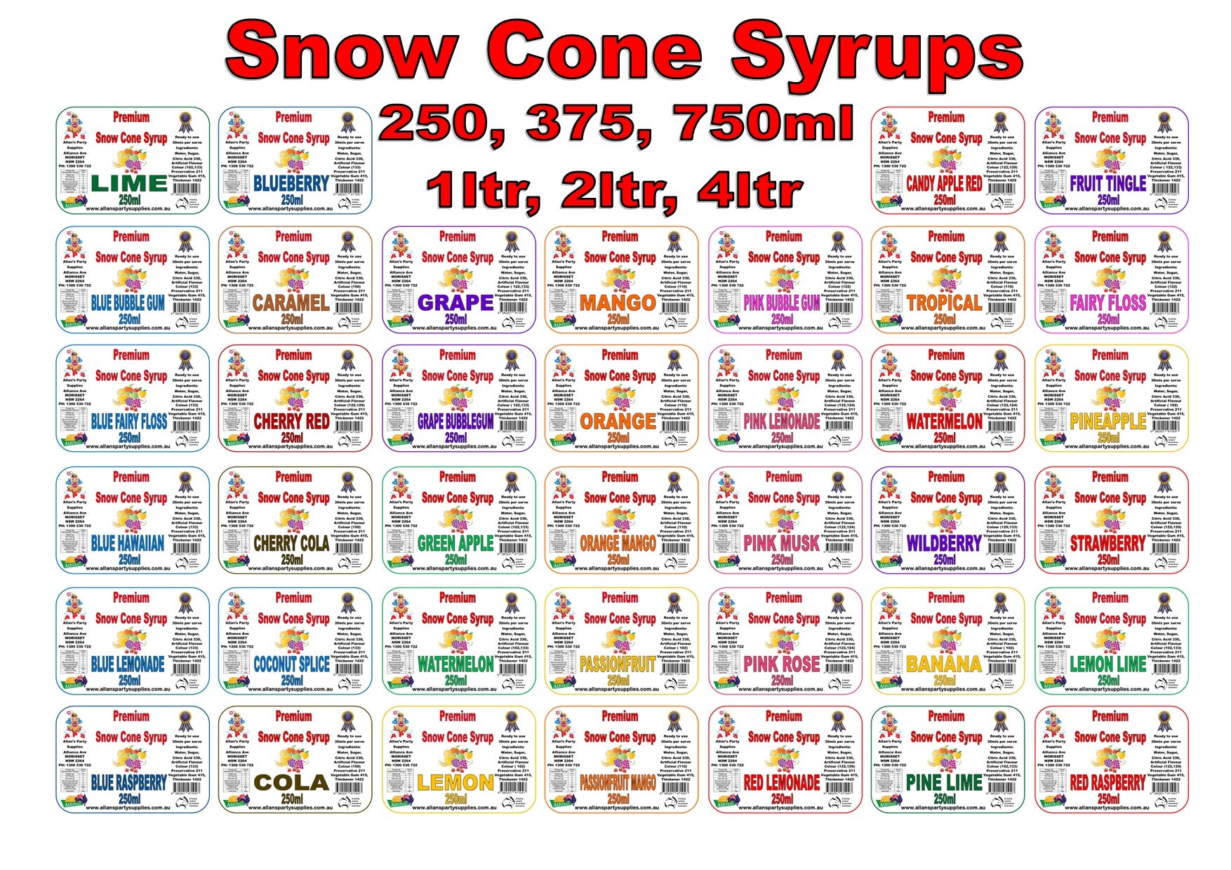 Snow Cone Syrups Starter Pack,4 x 250ml Assorted Flavours Ready To Use ...
